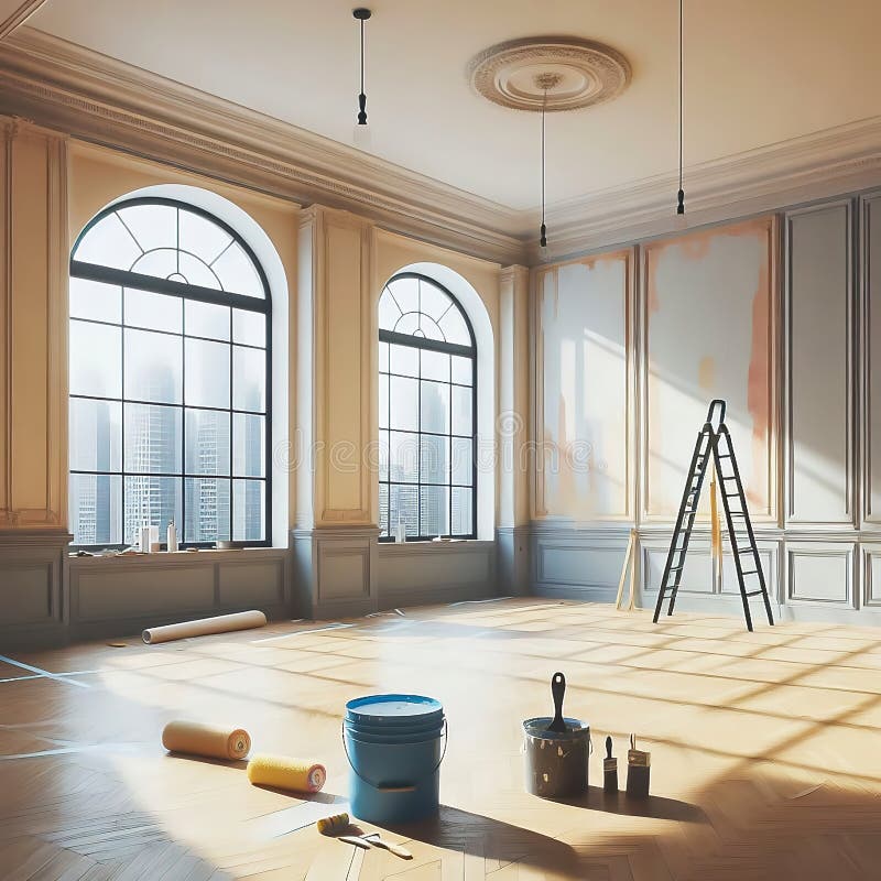 Renovated Room with Large Windows. Painter S Ladder, Paint Bucket and ...