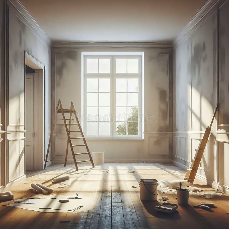 Renovated Room with Large Windows. Painter S Ladder, Paint Bucket and ...