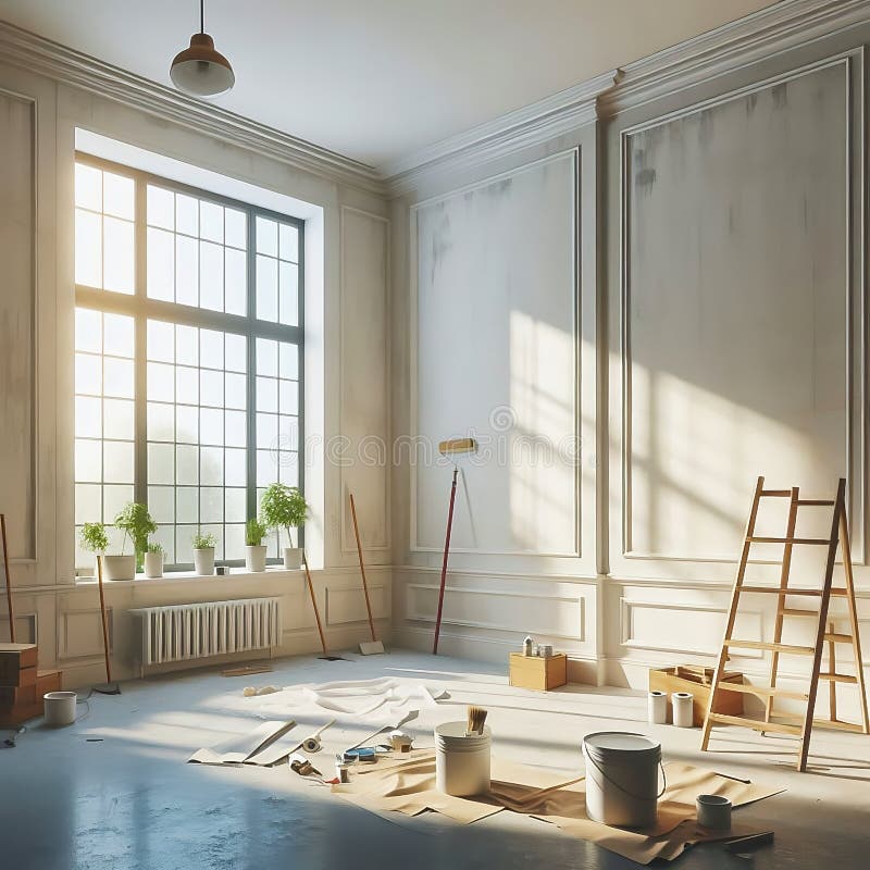 Renovated Room with Large Windows. Painter S Ladder, Paint Bucket and ...