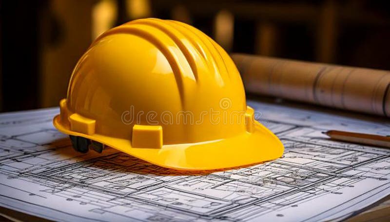 Close-up of Yellow Helmet on Construction Plan Stock Illustration ...