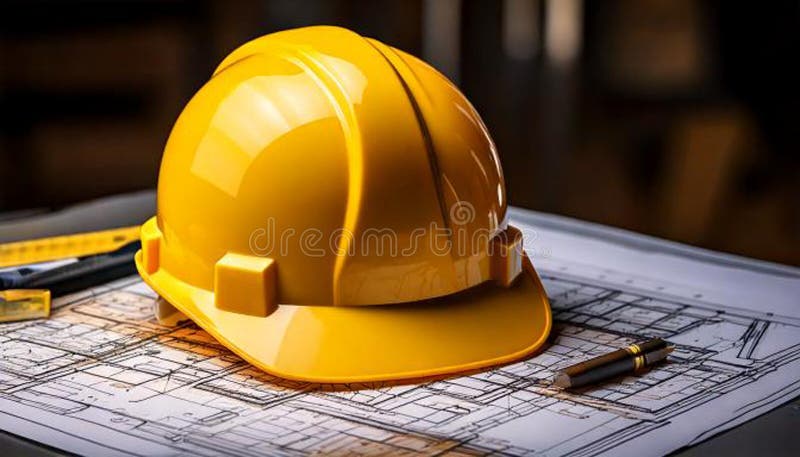 Close-up of Yellow Helmet on Construction Plan Stock Illustration ...