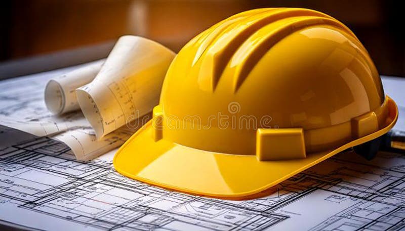 Close-up of Yellow Helmet on Construction Plan Stock Illustration ...