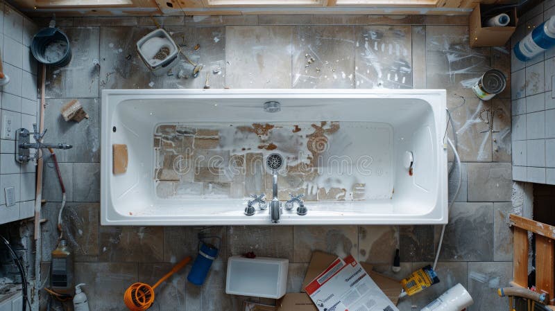 Renovation of a Bathroom with a Bathtub and Construction Tools Stock ...