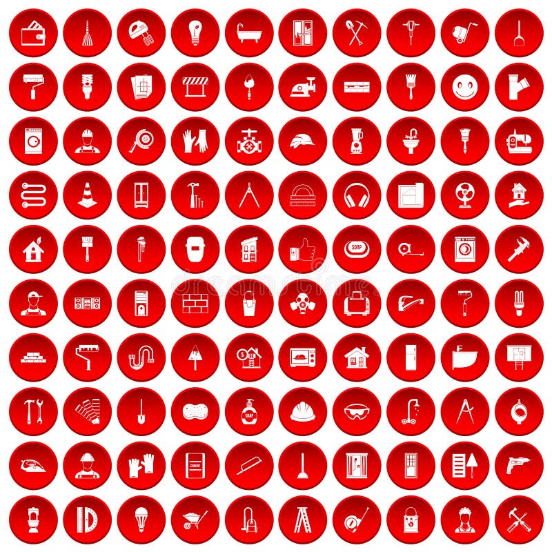 100 Renovation Icons Set Red Stock Vector - Illustration of shovel ...