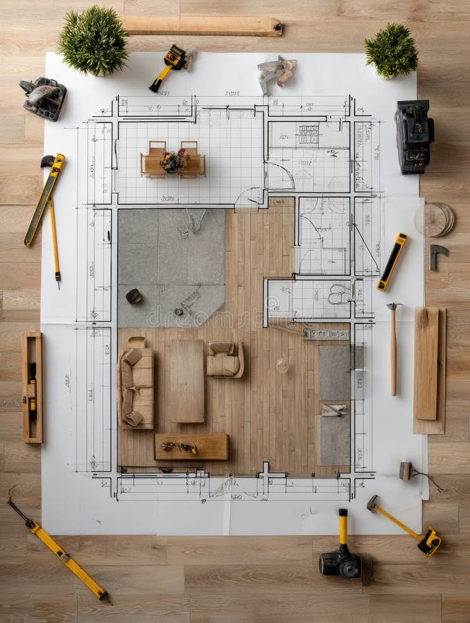 Renovation Interior Plan Displayed Overhead with Tools and Materials ...