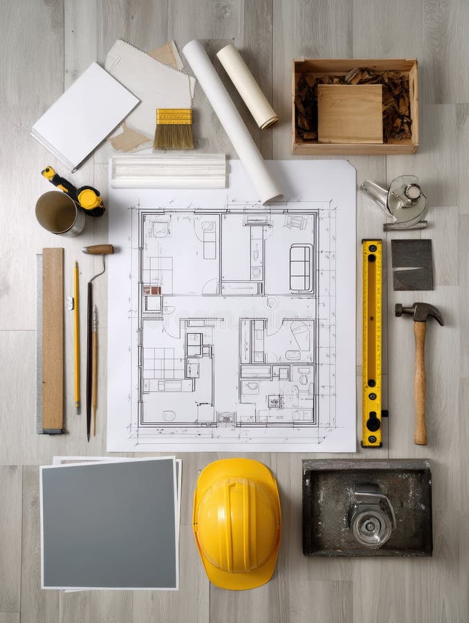 Overhead View of Detailed Renovation Interior Plan with Tools on a ...