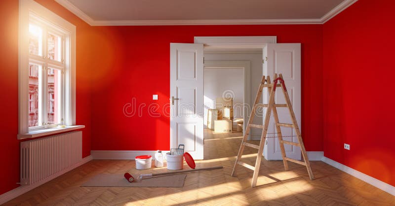 Renovation and Modernization in a Room with Red Wall and Ladder and ...