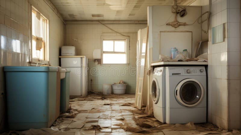 Renovation Needed: Post-apocalyptic Laundry Room in Deteriorated State ...