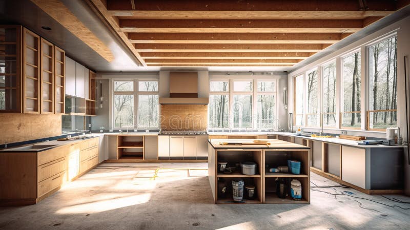 Renovation in Progress, Construction of a Modern Kitchen in a New Home ...