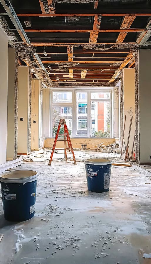 Renovation in Progress Empty Room with Construction Debris and Tools ...