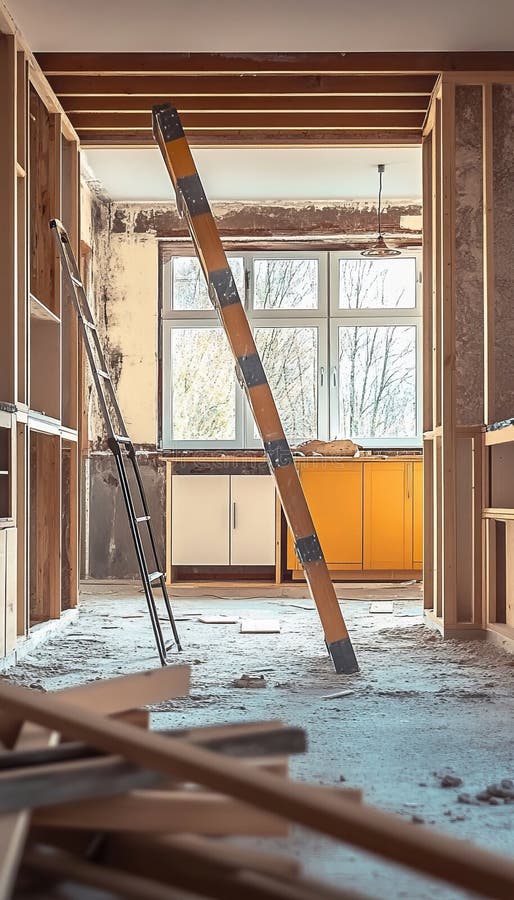 Renovation Project in Progress, Empty Room with Construction Debris ...