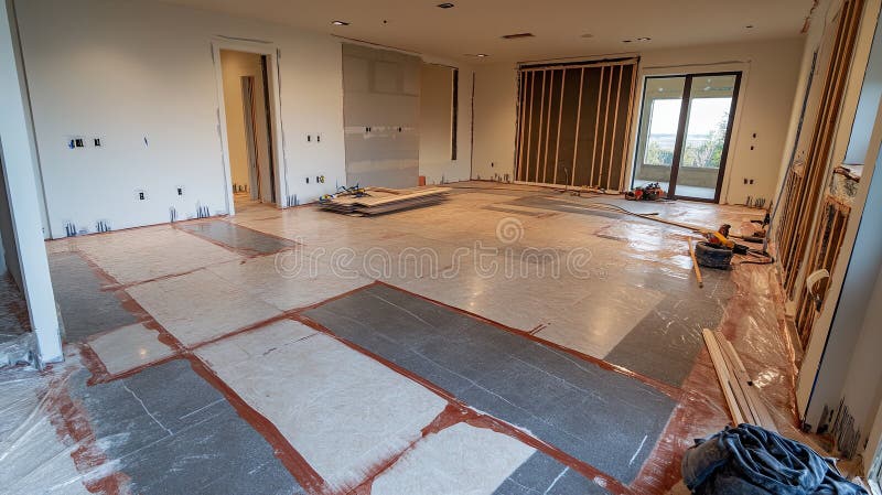 A Renovation Scene Showing Flooring Installation in Progress, Styled in ...
