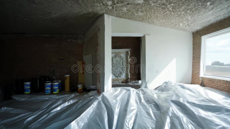 Renovation Site with Exposed Brick Walls, Construction Tools, and ...