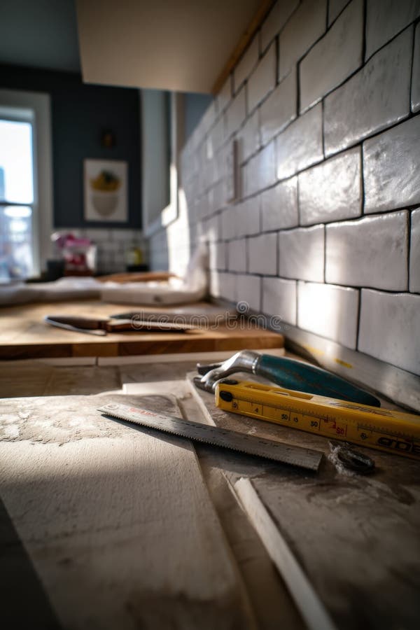Renovation Tools on Countertop in Sunlit Kitchen Setting Stock ...