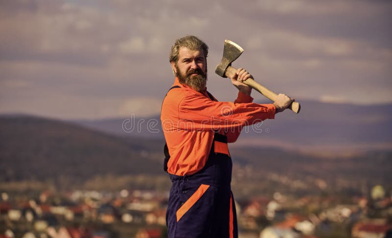 Renovation Tools. Professional Occupation. Man in Uniform Hold Ax ...