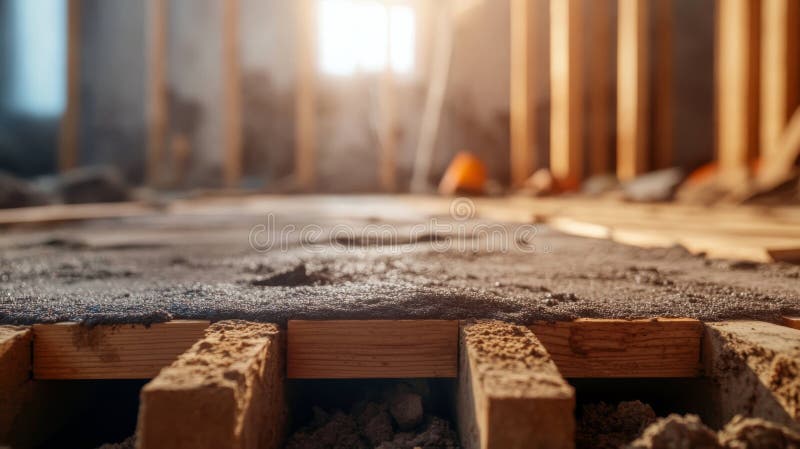 Renovation Work in Progress on Wooden Floor with Fresh Cement at ...