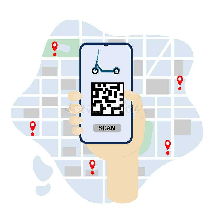 Rent a Scooter from Smartphone, Scan Code, Phone in Hand on City Map ...