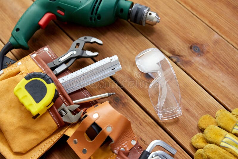 Different Work Tools on Wooden Boards Stock Photo - Image of ...