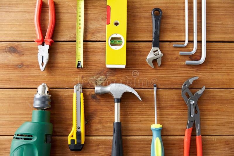 Different Work Tools on Wooden Boards Stock Image - Image of ...