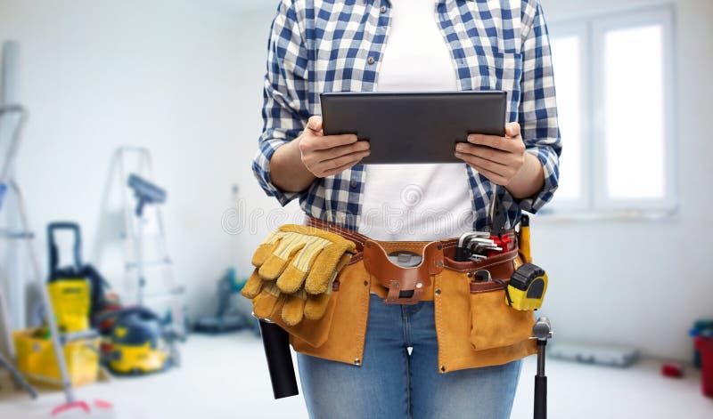 Woman or Builder with Tablet Pc and Working Tools Stock Photo - Image ...
