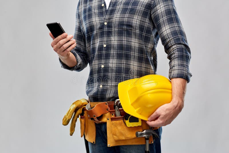 Worker or Builder with Phone and Working Tools Stock Image - Image of ...