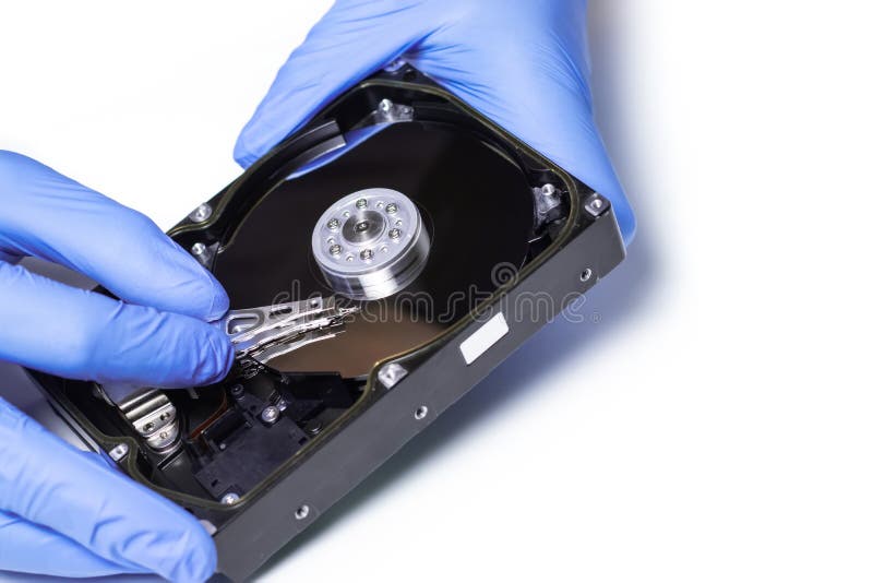 Repair Hard Disk. Hands of Master in Gloves Repair the Computer Hard ...