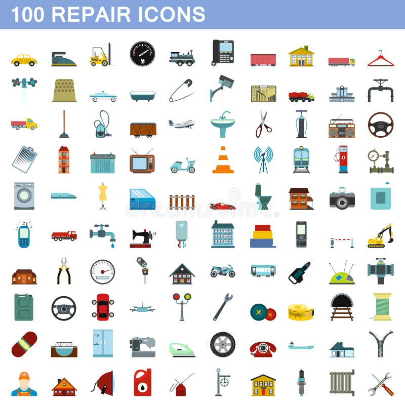 100 Repair Icons Set, Flat Style Stock Vector - Illustration of cone ...