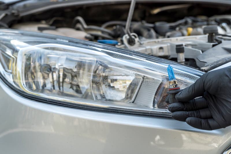 Repair Man Hand Installing Halogen Led Bulb for Car Headlights Stock ...