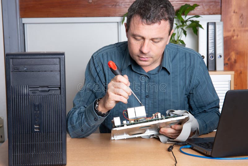 Repair Man Technician with Broken Computer Pc Stock Image - Image of ...