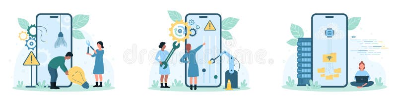 Repair Service for Mobile Phone Set, Tiny Technical Workers Fix ...