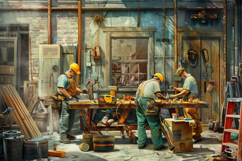 A Repair Team Collaborates on Various Tasks, Utilizing Tools and ...