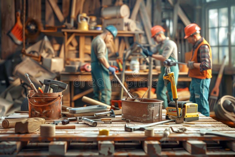 A Repair Team Collaborates in a Workshop, Utilizing Tools and Materials ...