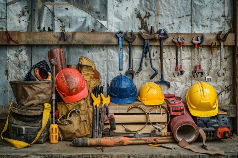 A Repair Team Has Organized Their Tools, Adding Safety Helmets To ...