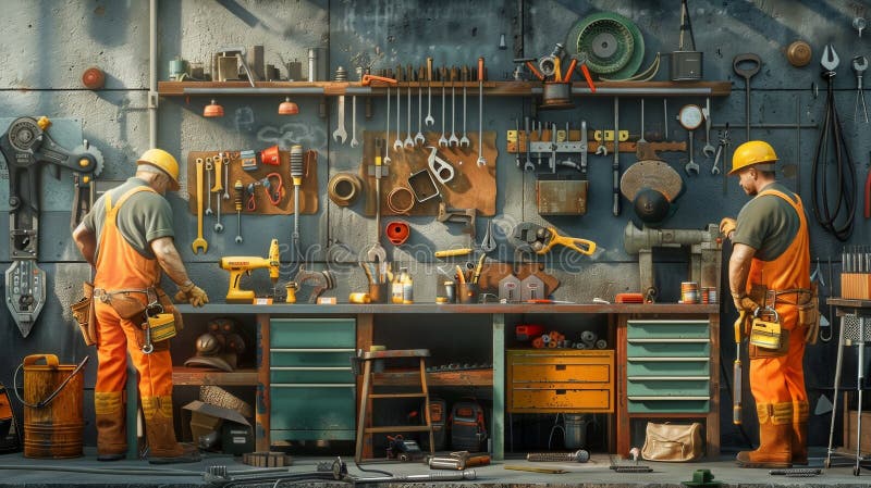 A Repair Team Meticulously Organizes Tools and Materials at a Workshop ...