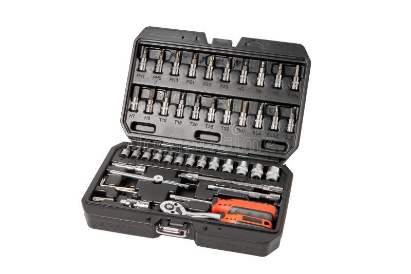 Repair Tool Set in an Open Plastic Case on a White Background Stock ...