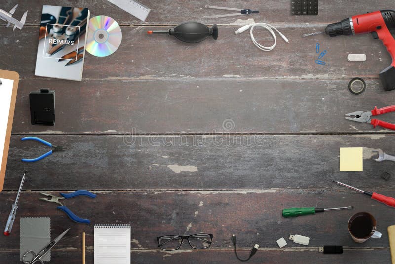 Repair Tools on Wooden Desk. Free Space in Middle for Text Stock Photo ...