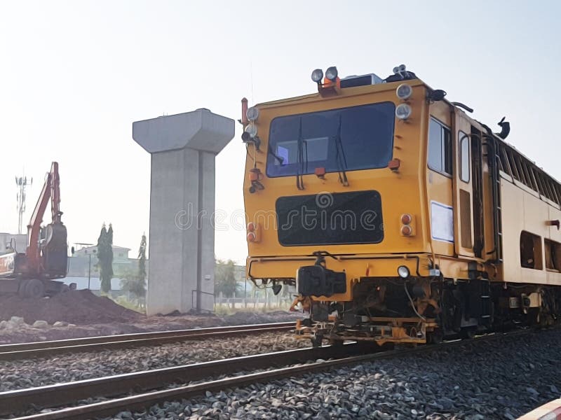 Repair Train on the Railway in Modern Train Structure Background Stock ...