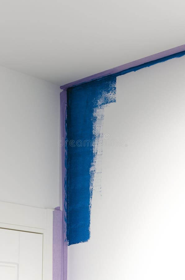 Repair. White Wall in Blue Staining Process Stock Photo - Image of blue ...