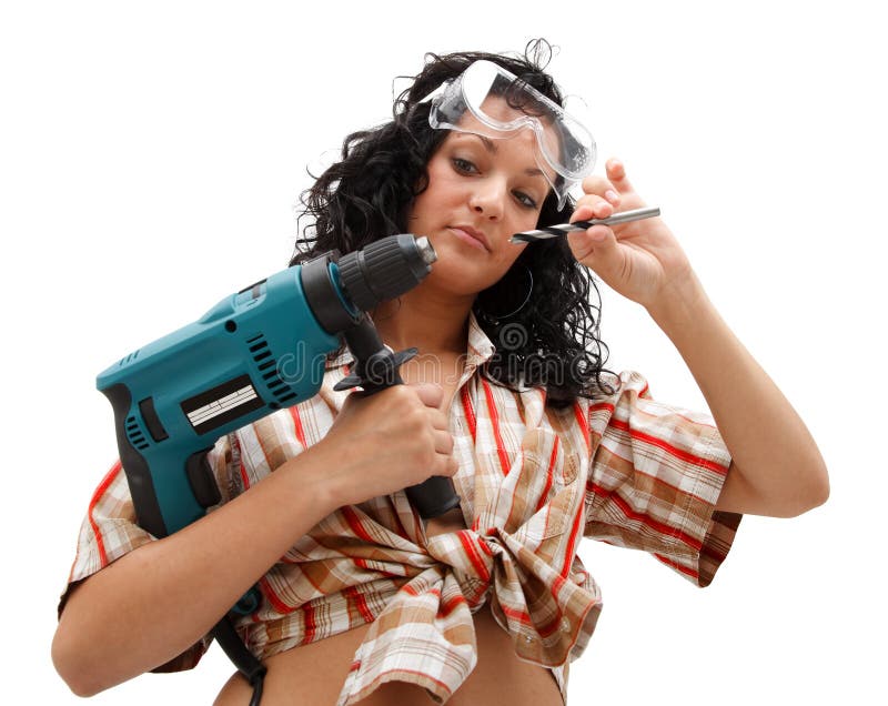 Repair woman with driller stock image. Image of pretty - 16142361