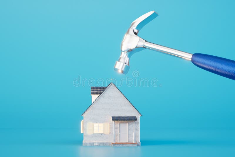 Repair Work in the House. a House and a Hammer on a Blue Background ...