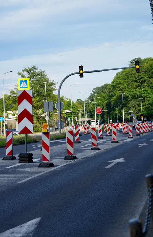Repair Works of Road Asphalt and Direction Signs. Stock Image - Image ...