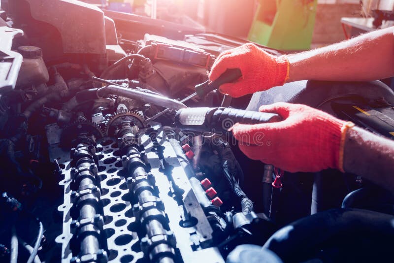 Repairing Engine at Service Station. Car Repair. Background Stock Image ...