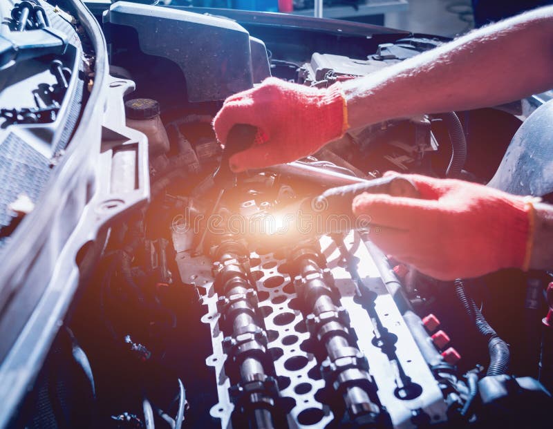 Repairing Engine at Service Station. Car Repair. Background Stock Photo ...