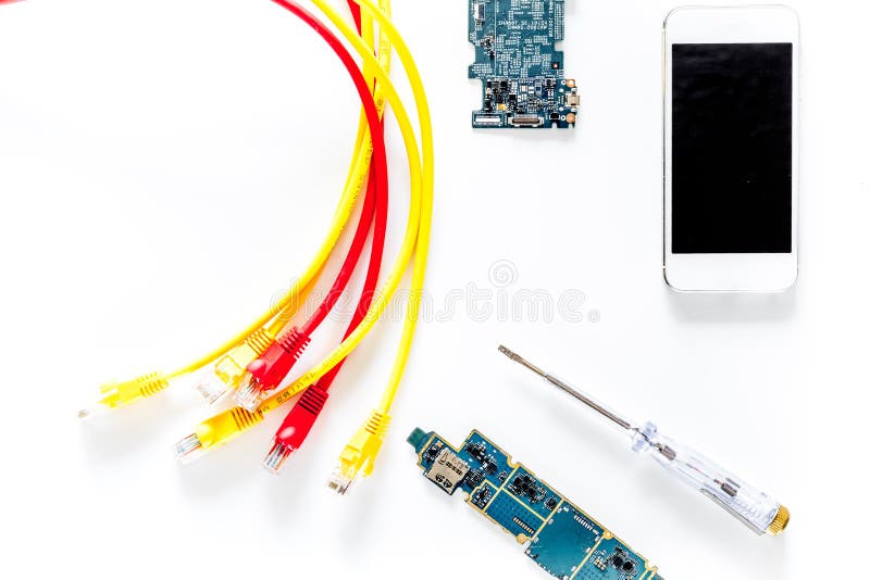 Repairing Gadgets. Parts, Wires and Tools on White Background Top View ...