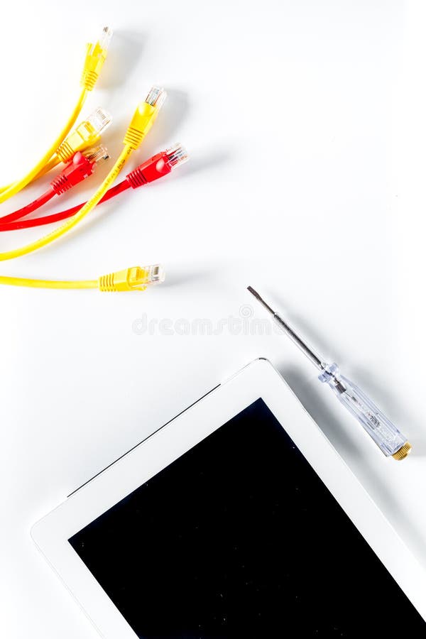 Repairing Gadgets. Parts, Wires and Tools on White Background Top View ...