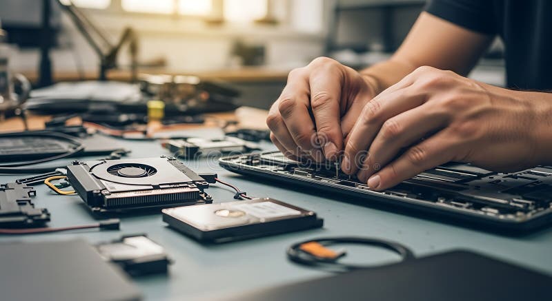Repairing Laptop Computer Keyboard with Electronic Parts on Workbench ...
