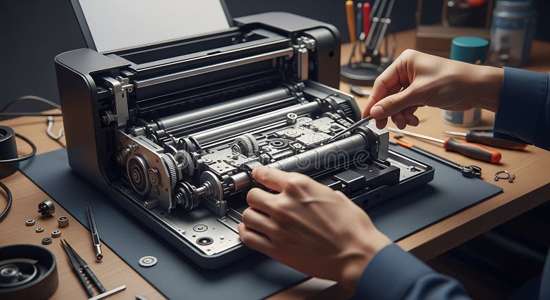 Repairing Open Printer Mechanism with Small Tool on Desk Stock Photo ...