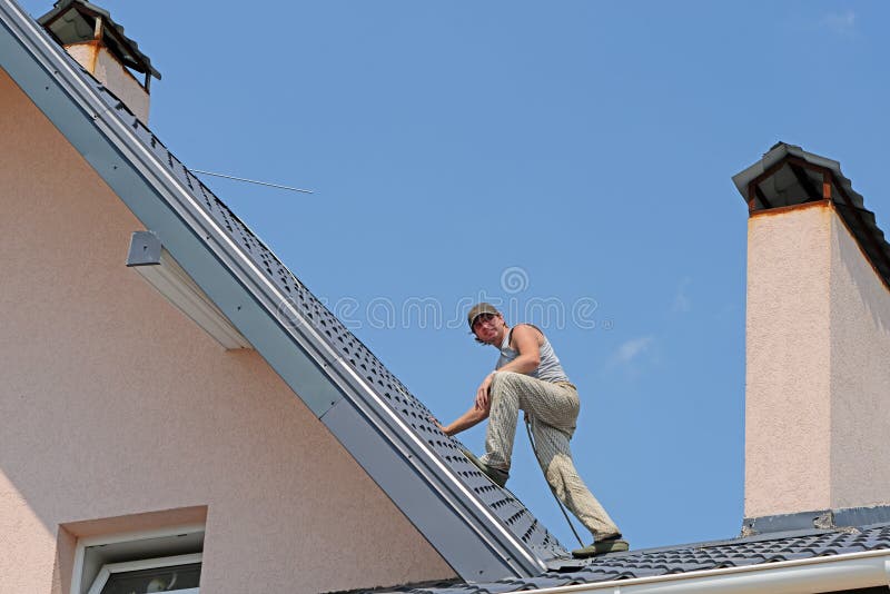 Roofer Screwdriving Metal Tiling Stock Photo - Image of activity, house ...