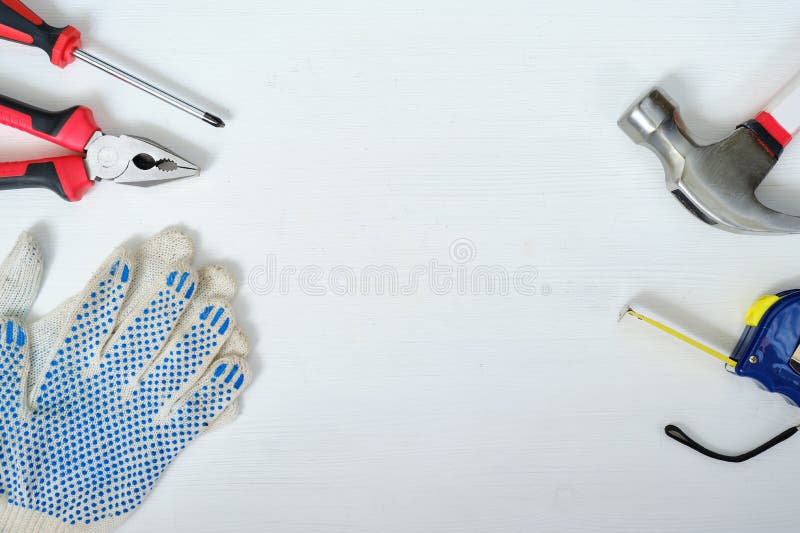 Repairman and Builder Tools on Wooden White Background. Copy Space ...