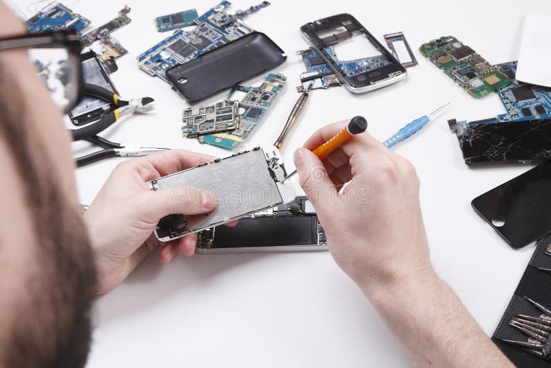 Repairman Disassembling Smartphone with Tweezers. Repair Smartphone ...